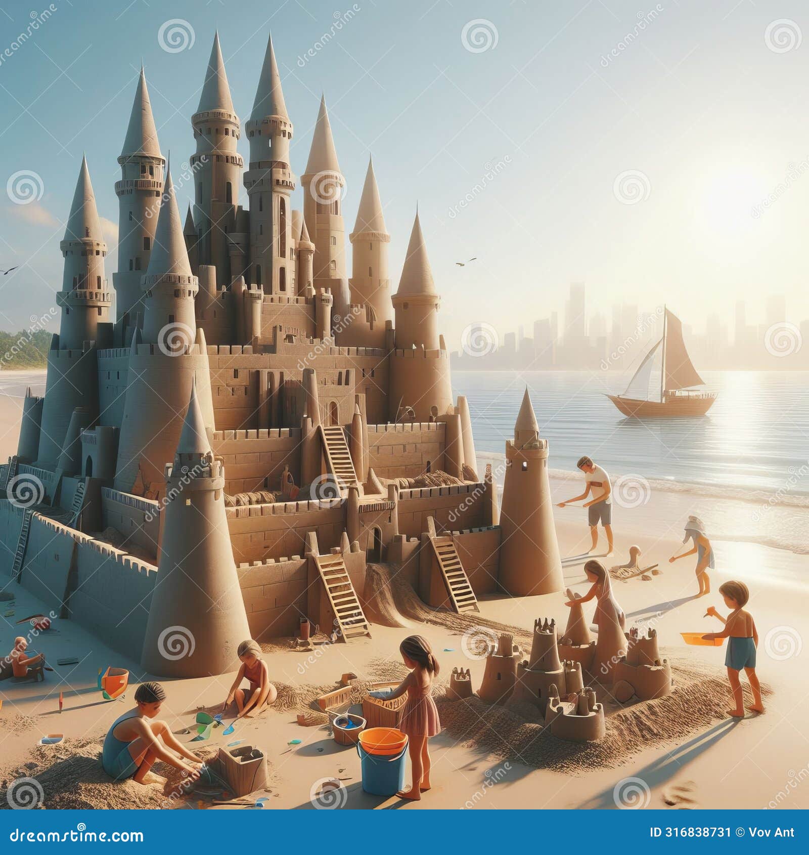 Building Sandcastles at the Beach, Photorealistic V Stock Image - Image ...