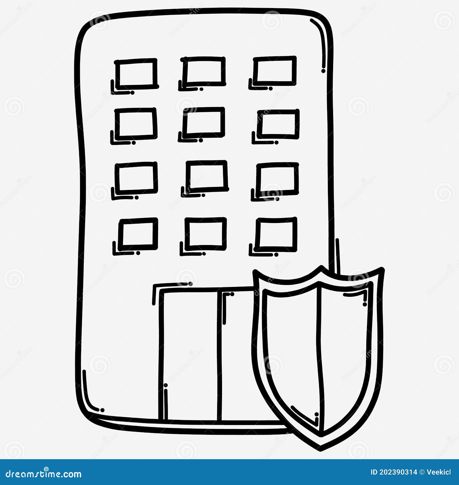 Building With Shield Doodle Vector Icon Drawing Sketch Illustration
