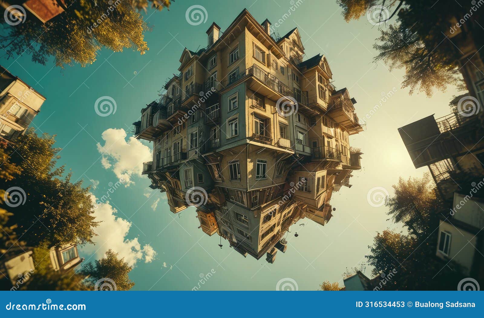 A Building is Shown Upside Down in the Air, with the Sun in the ...