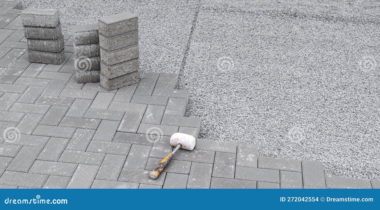 Building a Sidewalk, Laying Interlocking Pavers. Copy Space Stock Photo ...