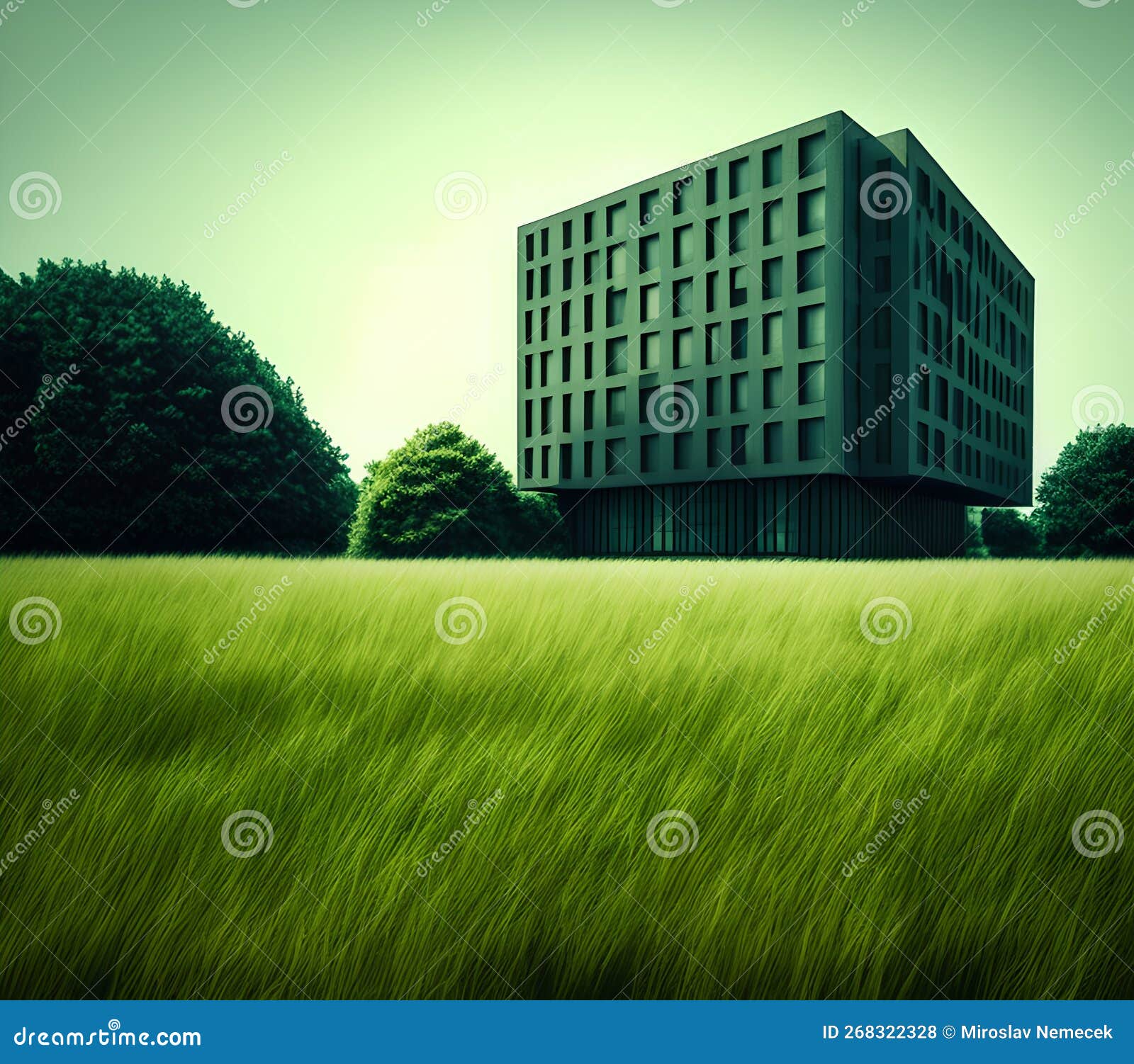 Building Surrounded by Grass, Generative AI Illustration Stock ...