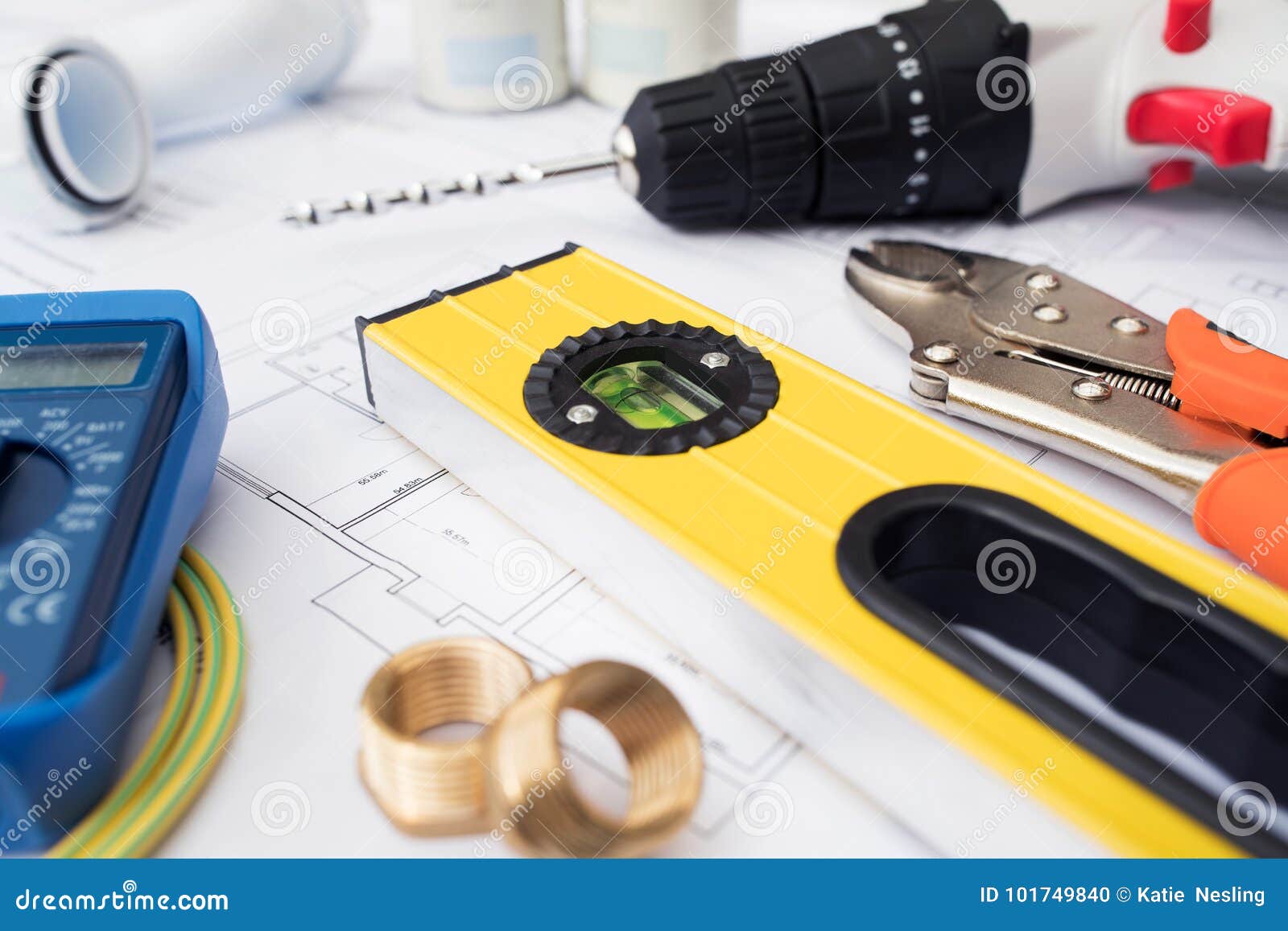 Building Tools and Components Arranged on House Plans Stock Photo ...