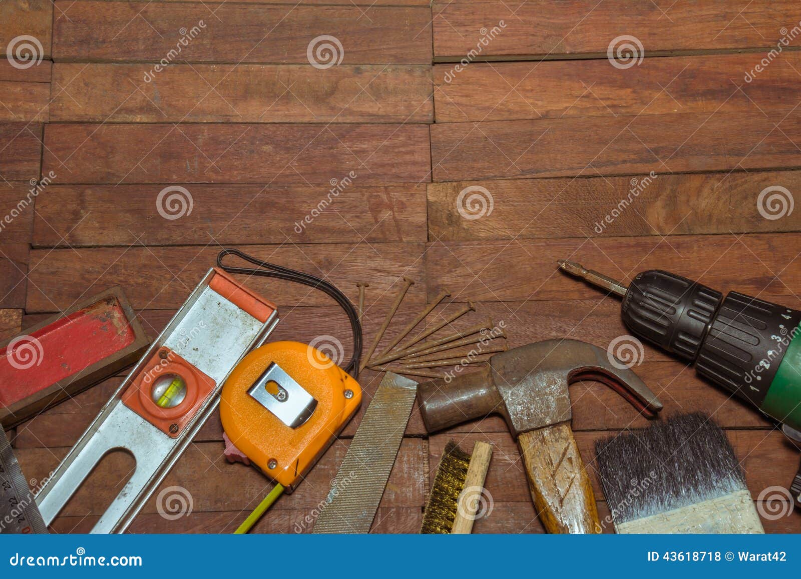Building Tools on a Wooden Background Stock Photo - Image of brush ...