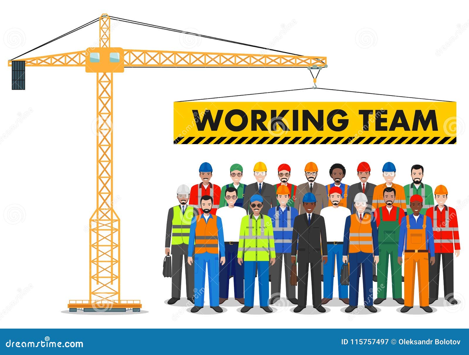 Building Tower Crane. Group of Worker, Builder and Engineer Standing ...