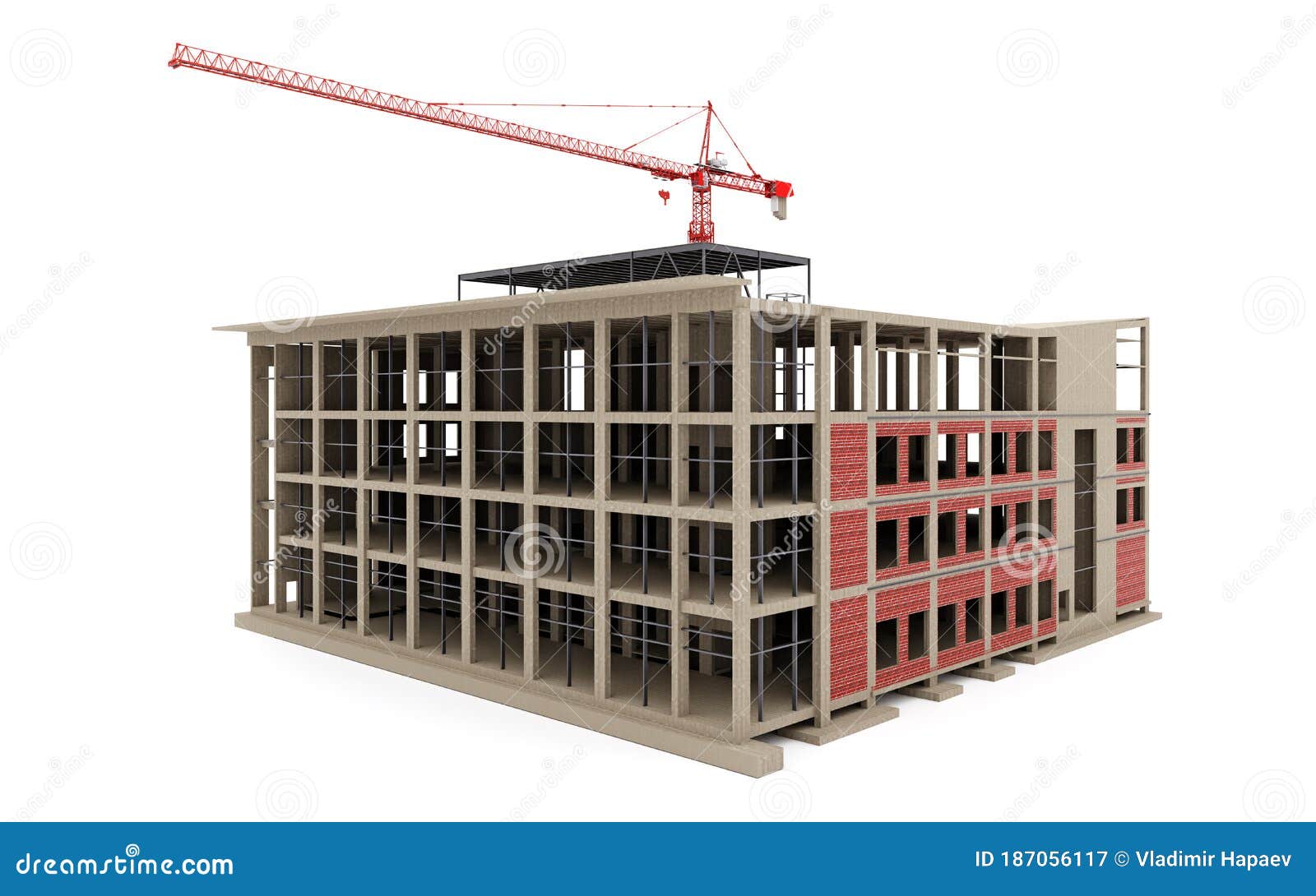 Building Under Construction 3D Model with a Construction Crane on a ...