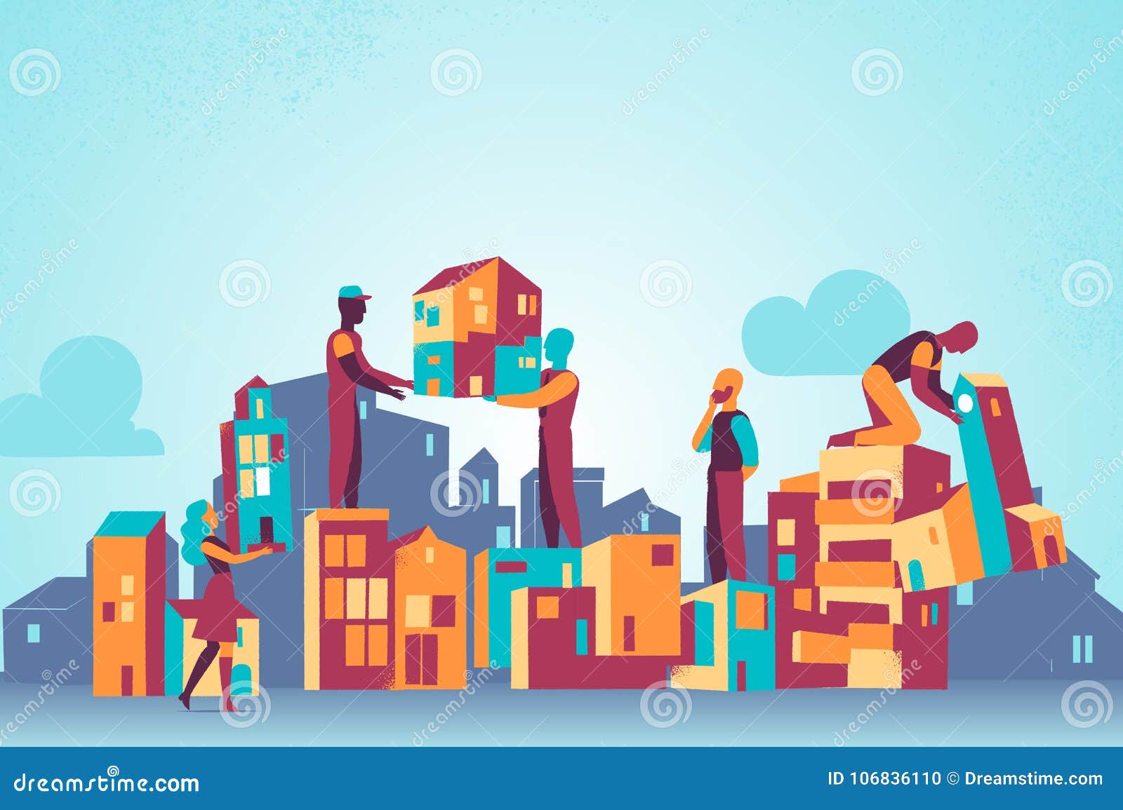 Building Under Construction with Workers in SIlhouette and Skyline ...