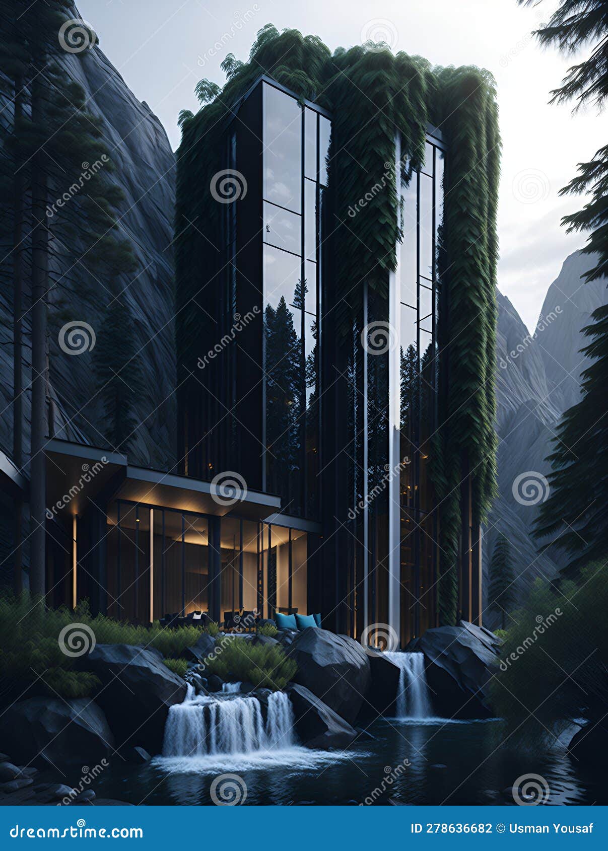 A Building with a Waterfall in Front of it Created with Generative AI ...