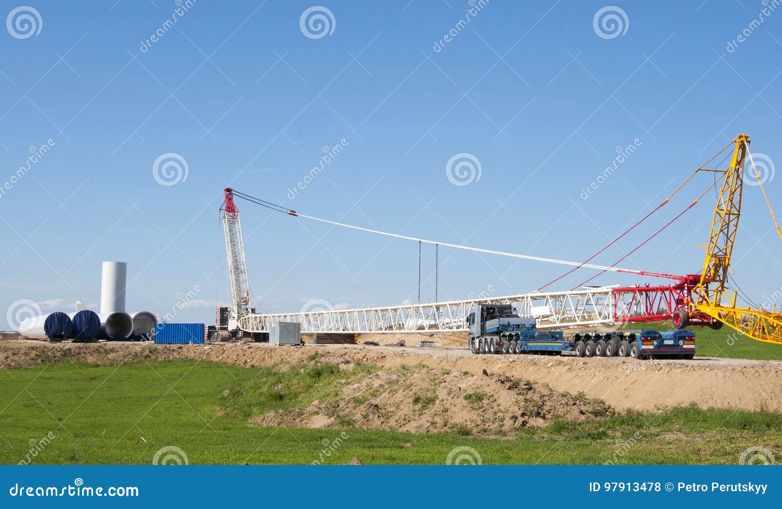 Building wind turbines stock photo. Image of installation - 97913478