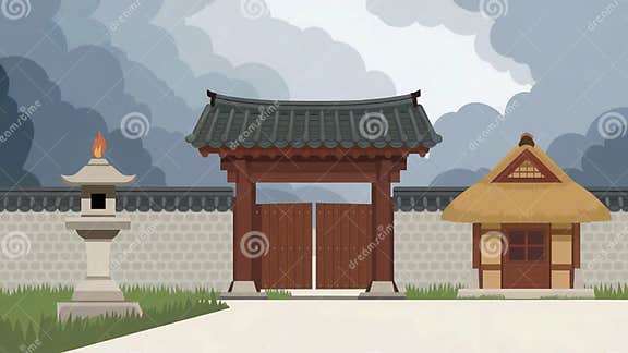A Building with a Wooden Gate and a Small Hut in Front of it Stock ...