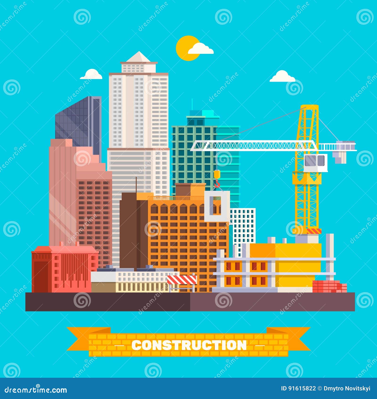 Building Work Process with Houses and Construction Machines Stock ...