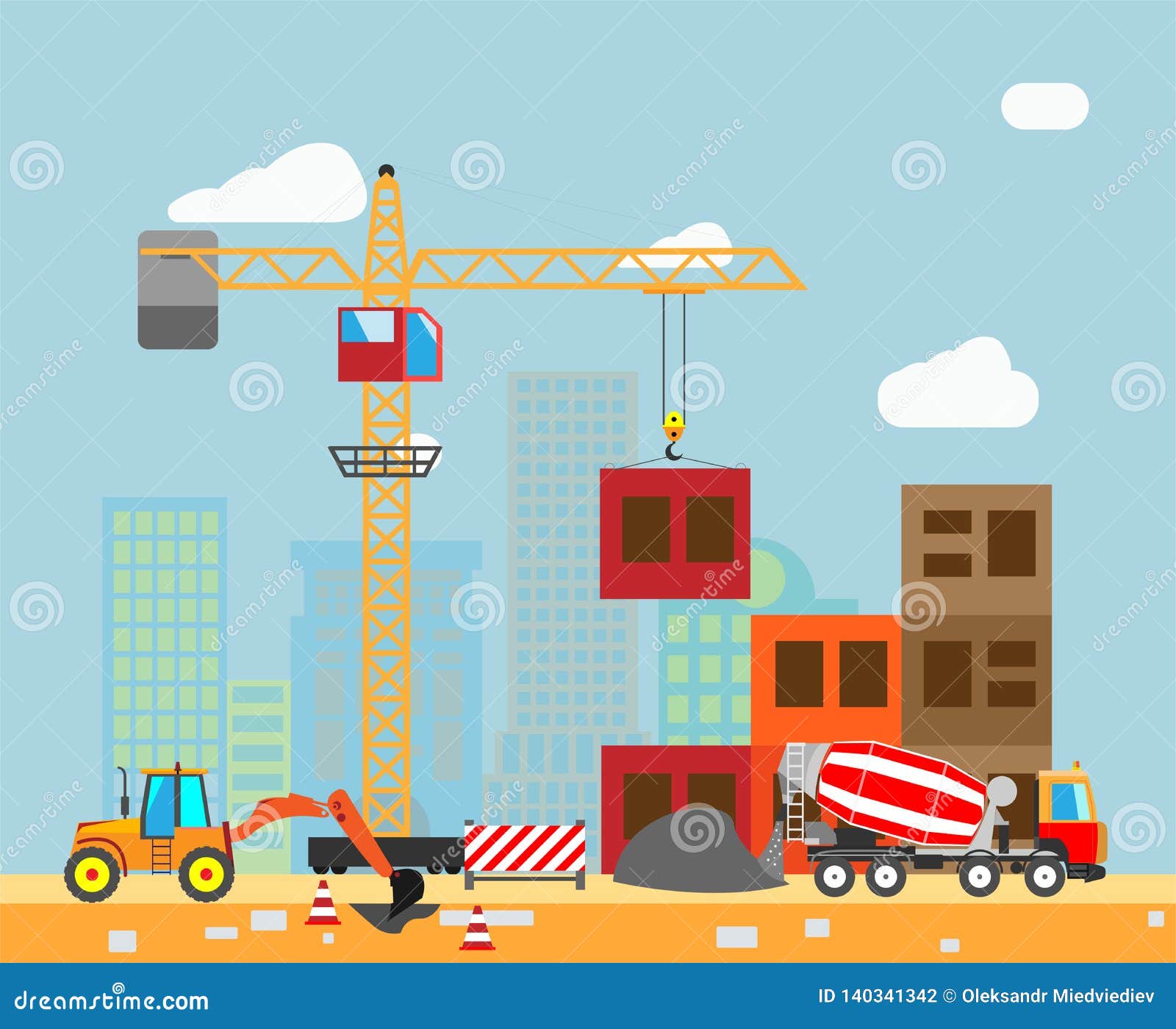 Building Work Process with Houses and Construction Machines in the Town ...