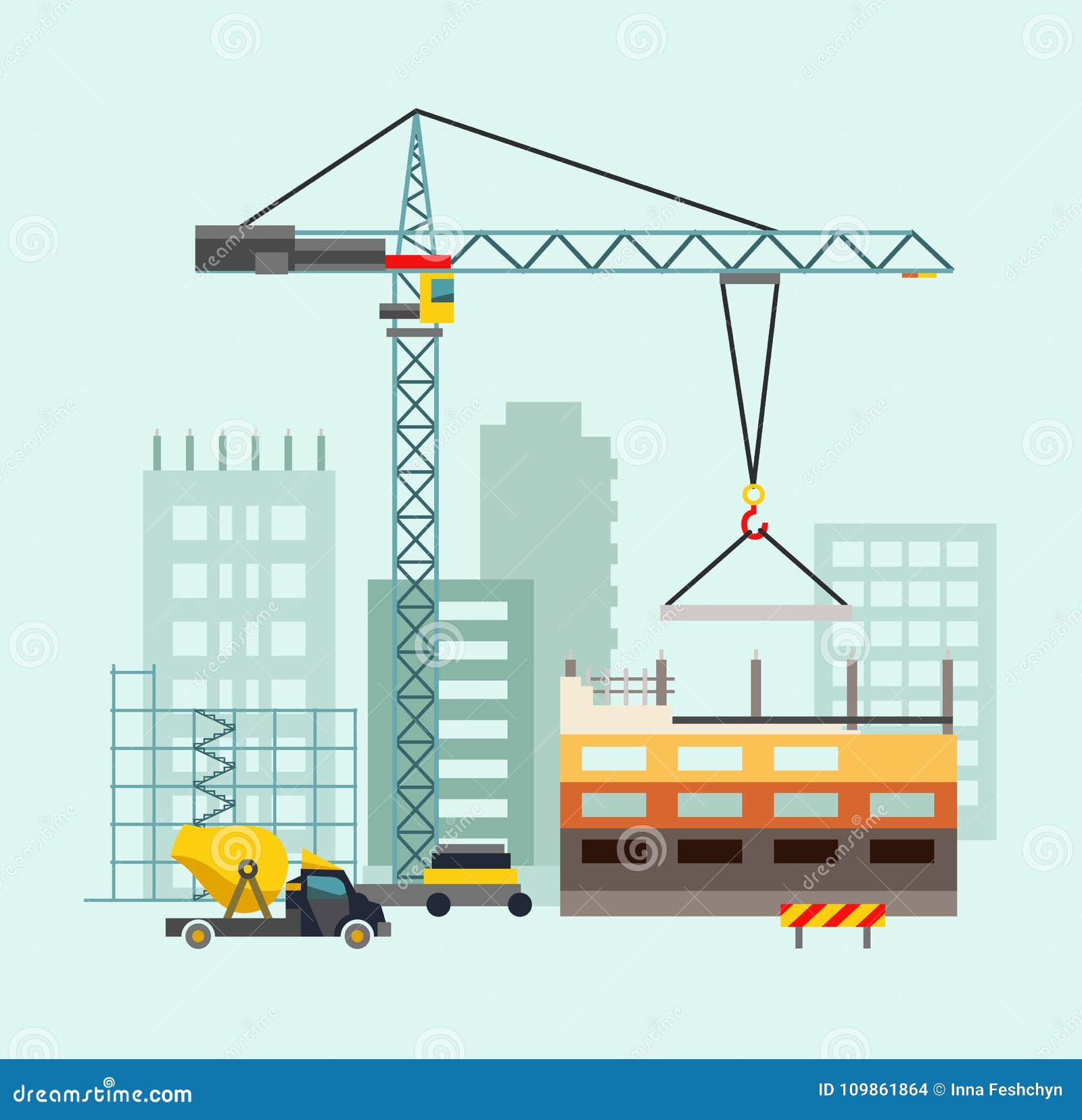 Building Work Process with Houses and Construction Machines. Vector ...
