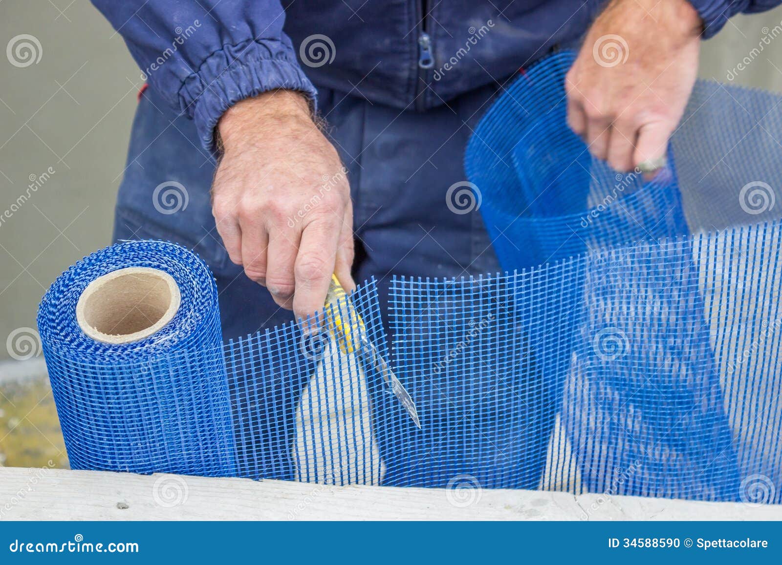 Building Worker Cutting Plastic Grid with Cutter 2 Stock Photo - Image ...