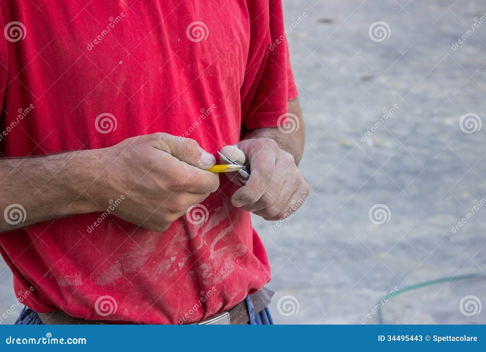 Building Worker Sharpening a Pencil with a Knife Stock Image - Image of ...
