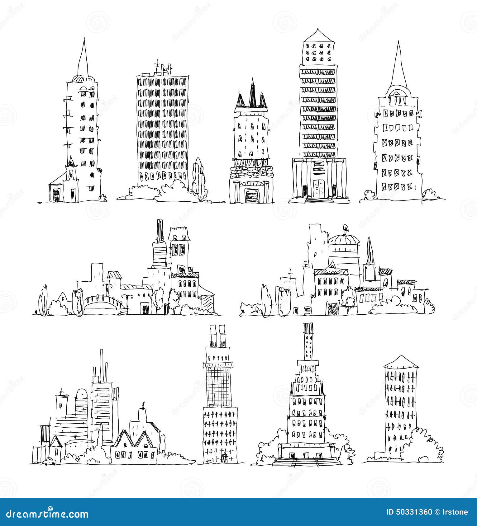 Buildings of Big City, Set. Sketch Collection Stock Illustration ...