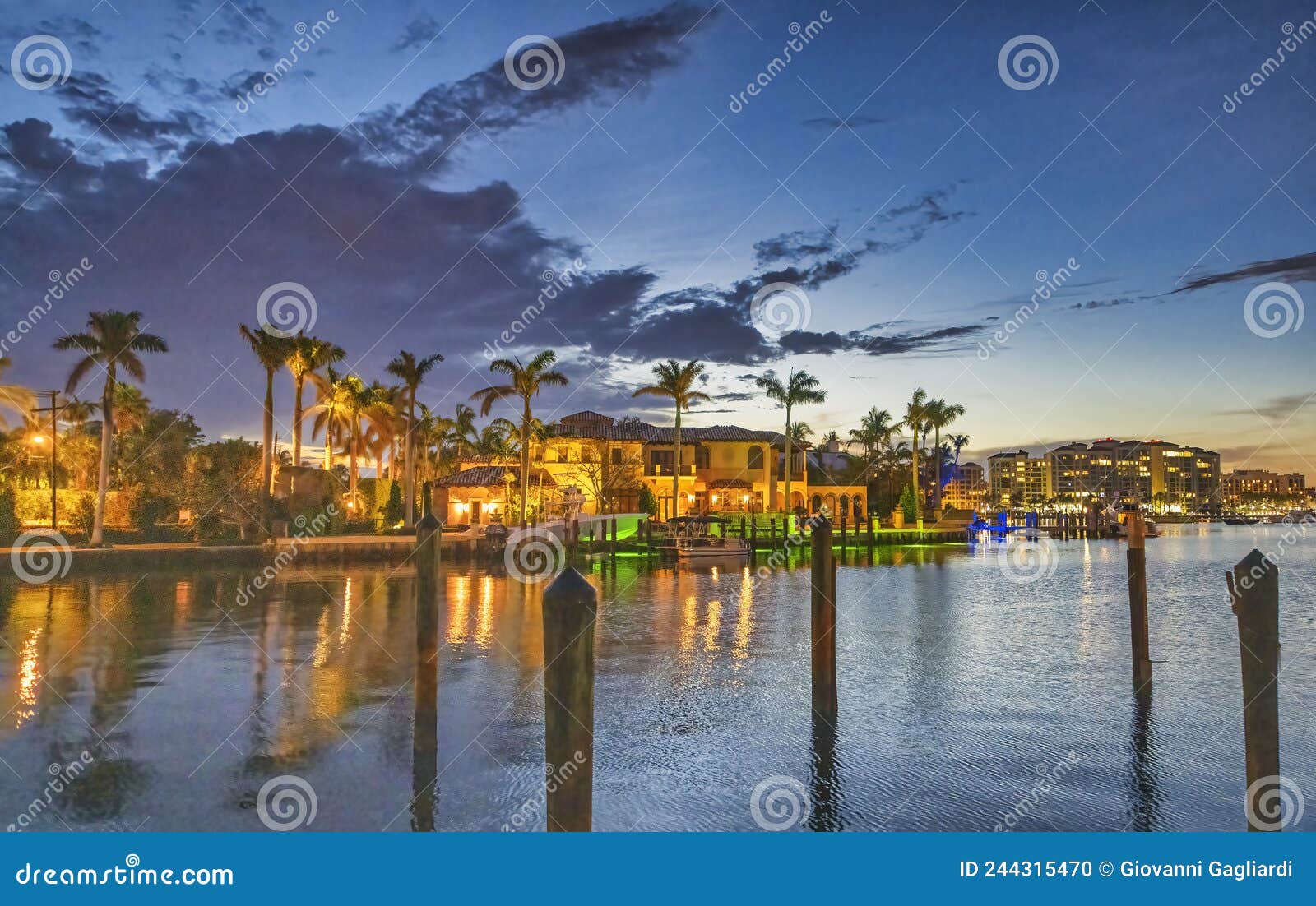 Buildings of Boca Raton at Night Along the Water, Florida Stock Photo ...