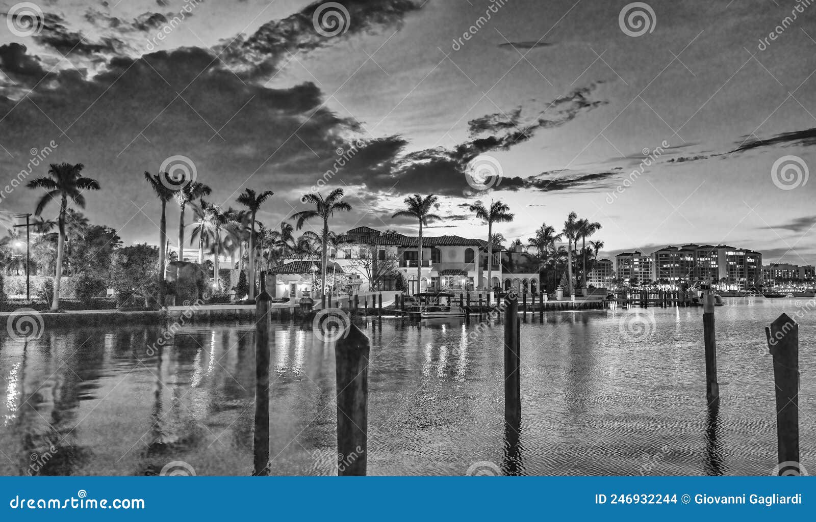 Buildings of Boca Raton at Night Along the Water, Florida Stock Photo ...