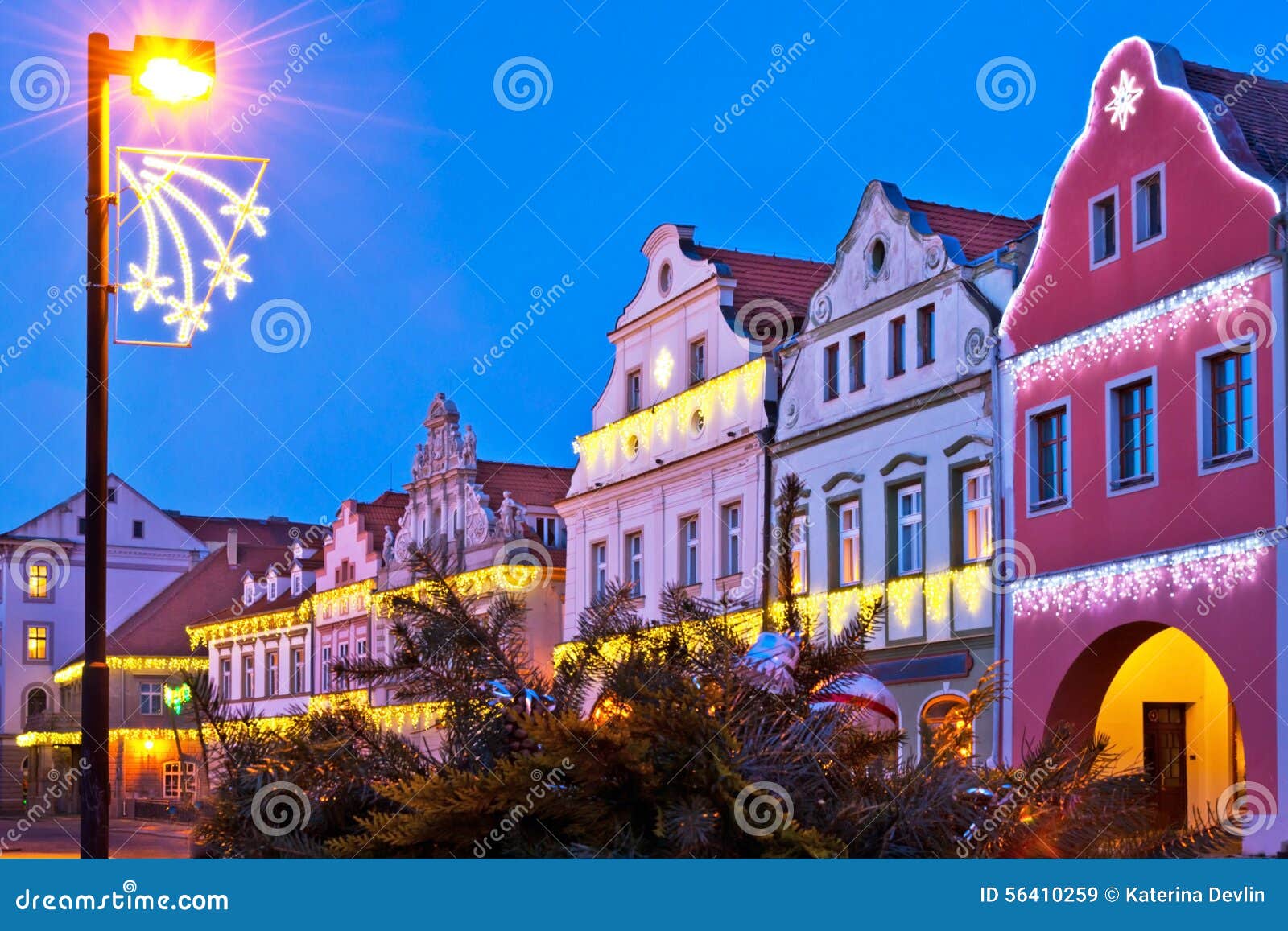 Buildings with Christmas Decoration Stock Image - Image of field ...
