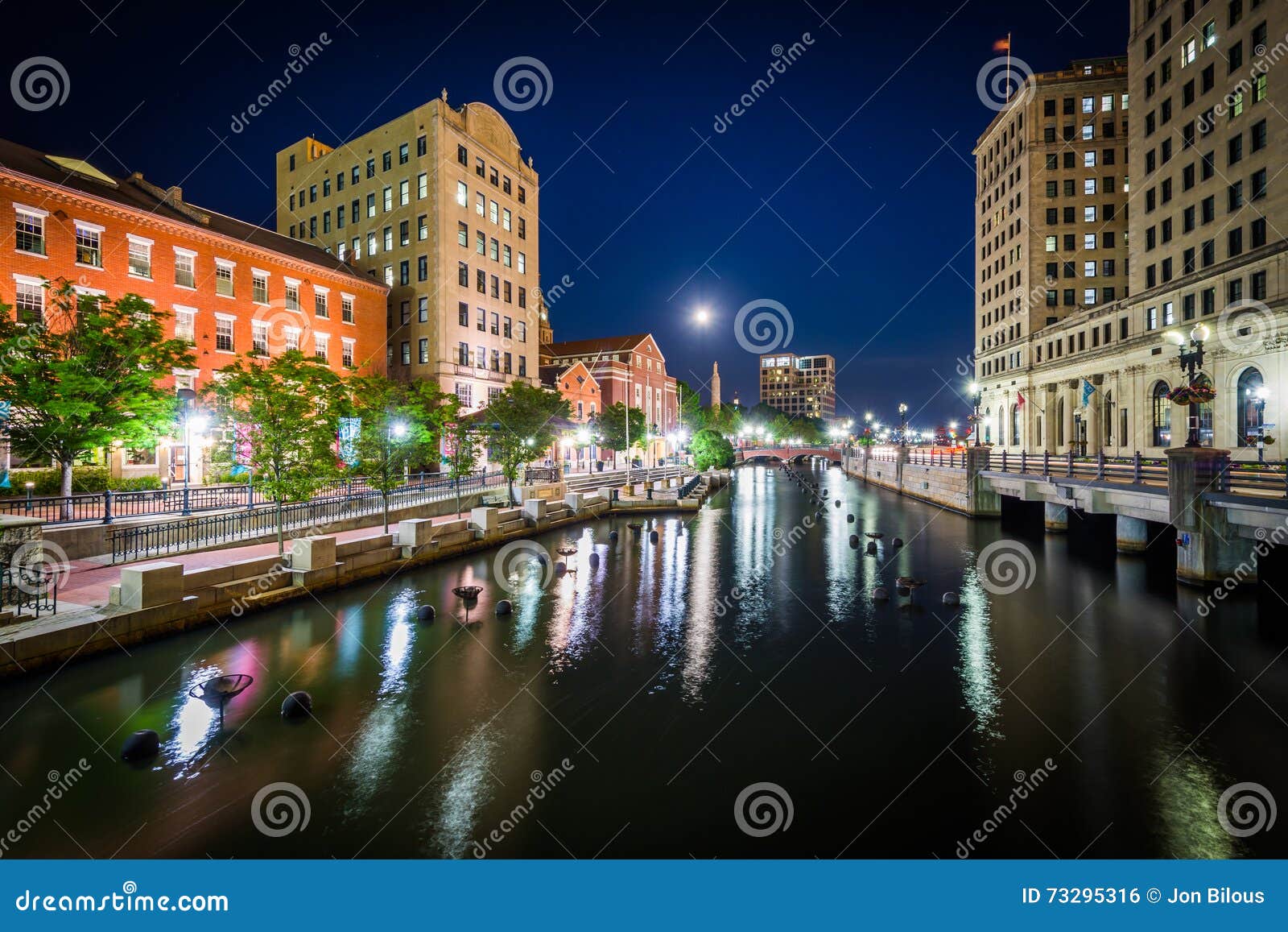 Buildings in Downtown and the Providence River at Night, in Prov Stock ...