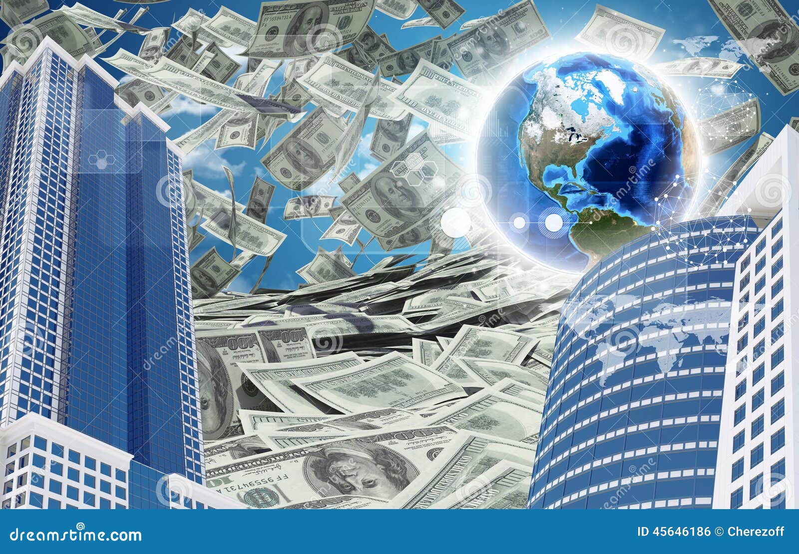 Earth And Dollars Stacks Global Finance Concept.3D Illustration ...