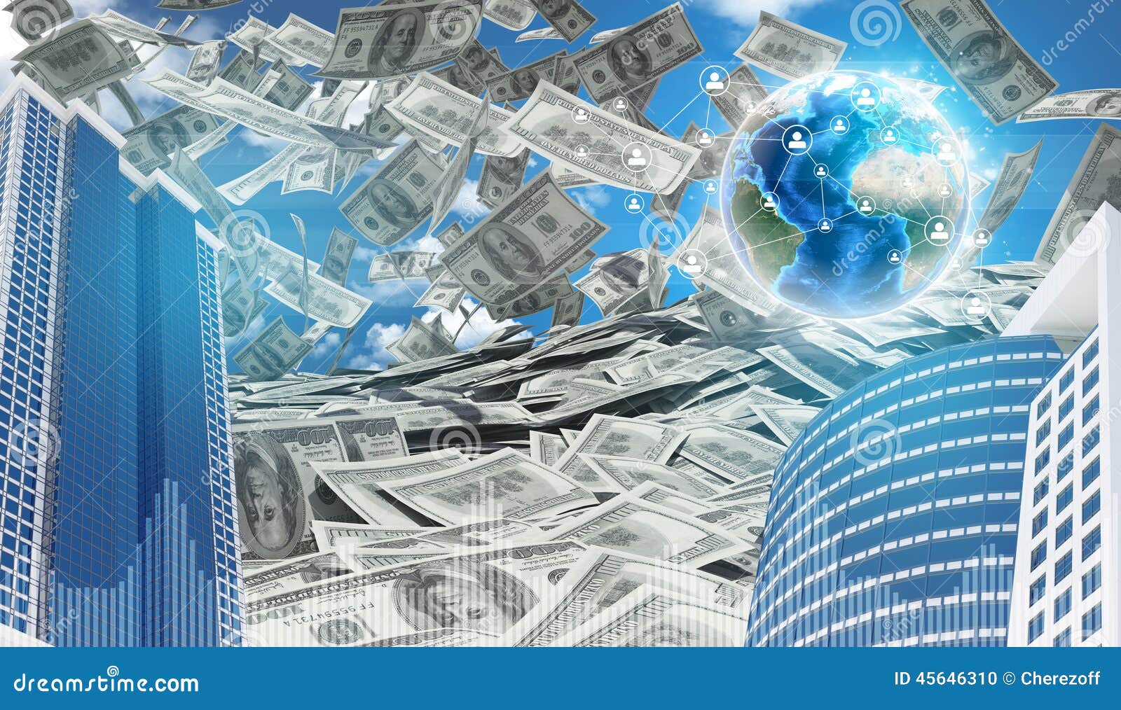 Earth And Dollars Stacks Global Finance Concept.3D Illustration ...