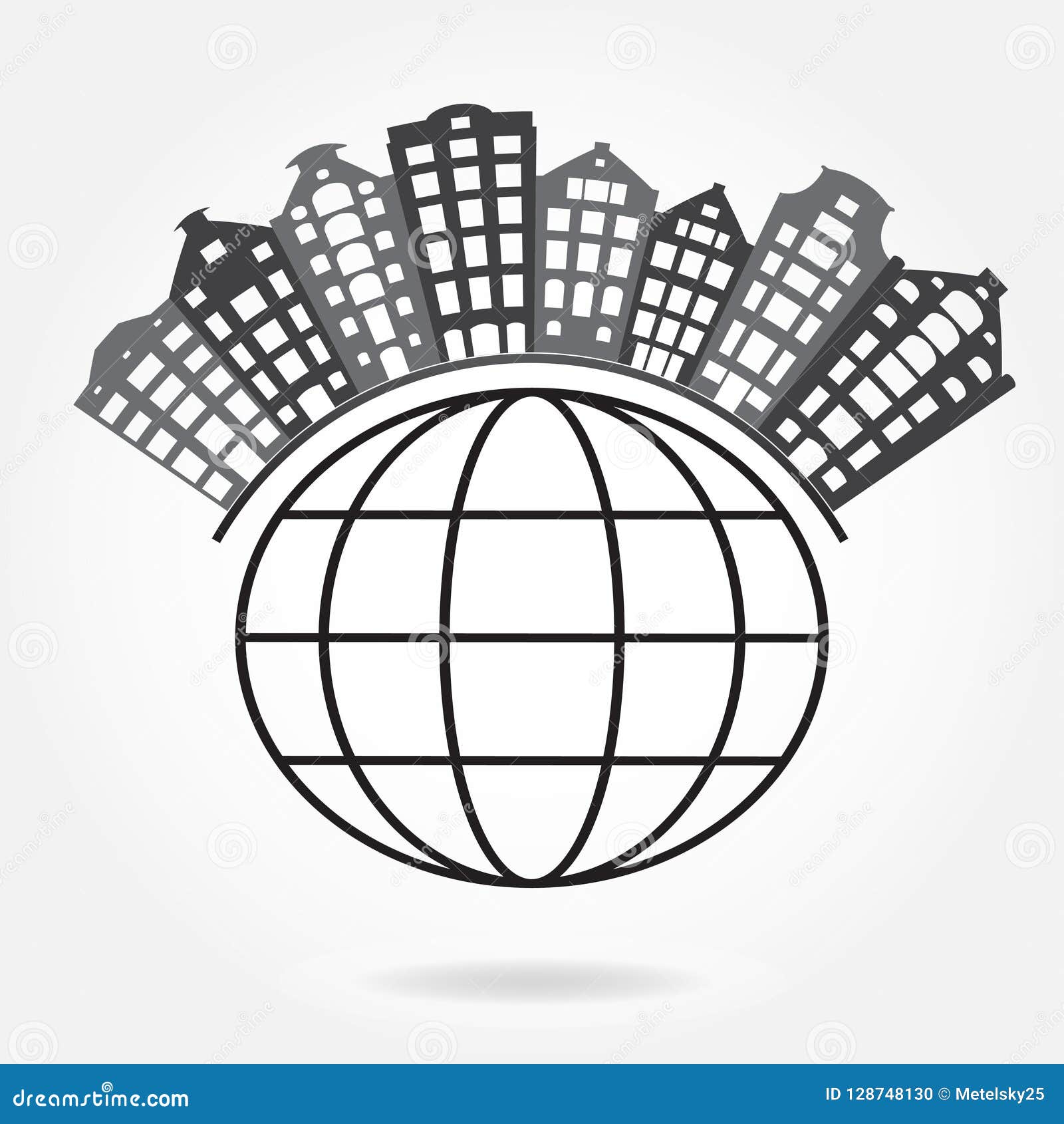 Buildings on Earth Globe Icon or Sign. Vector Illustration. Stock ...
