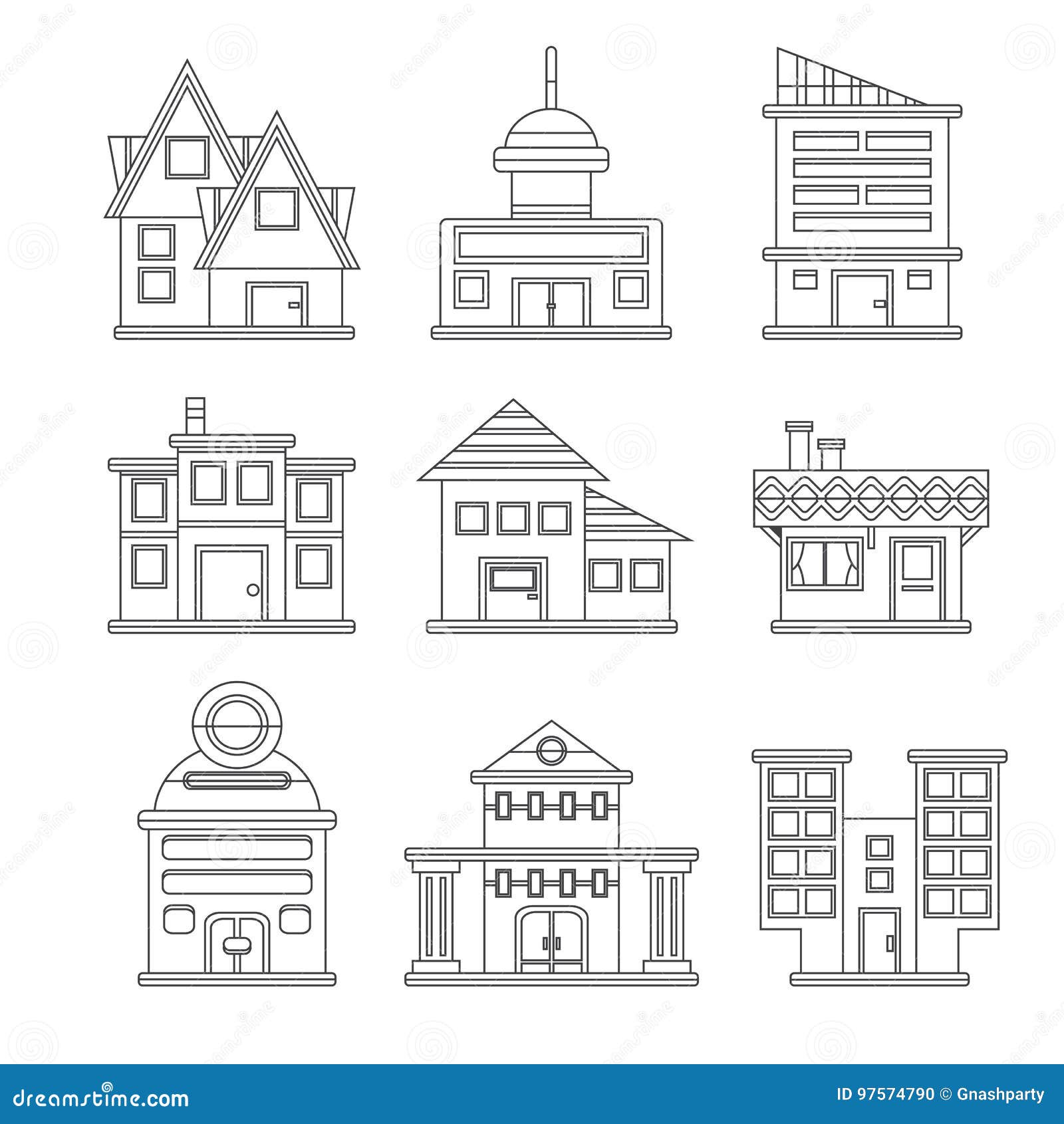 Buildings icons set stock vector. Illustration of icon - 97574790