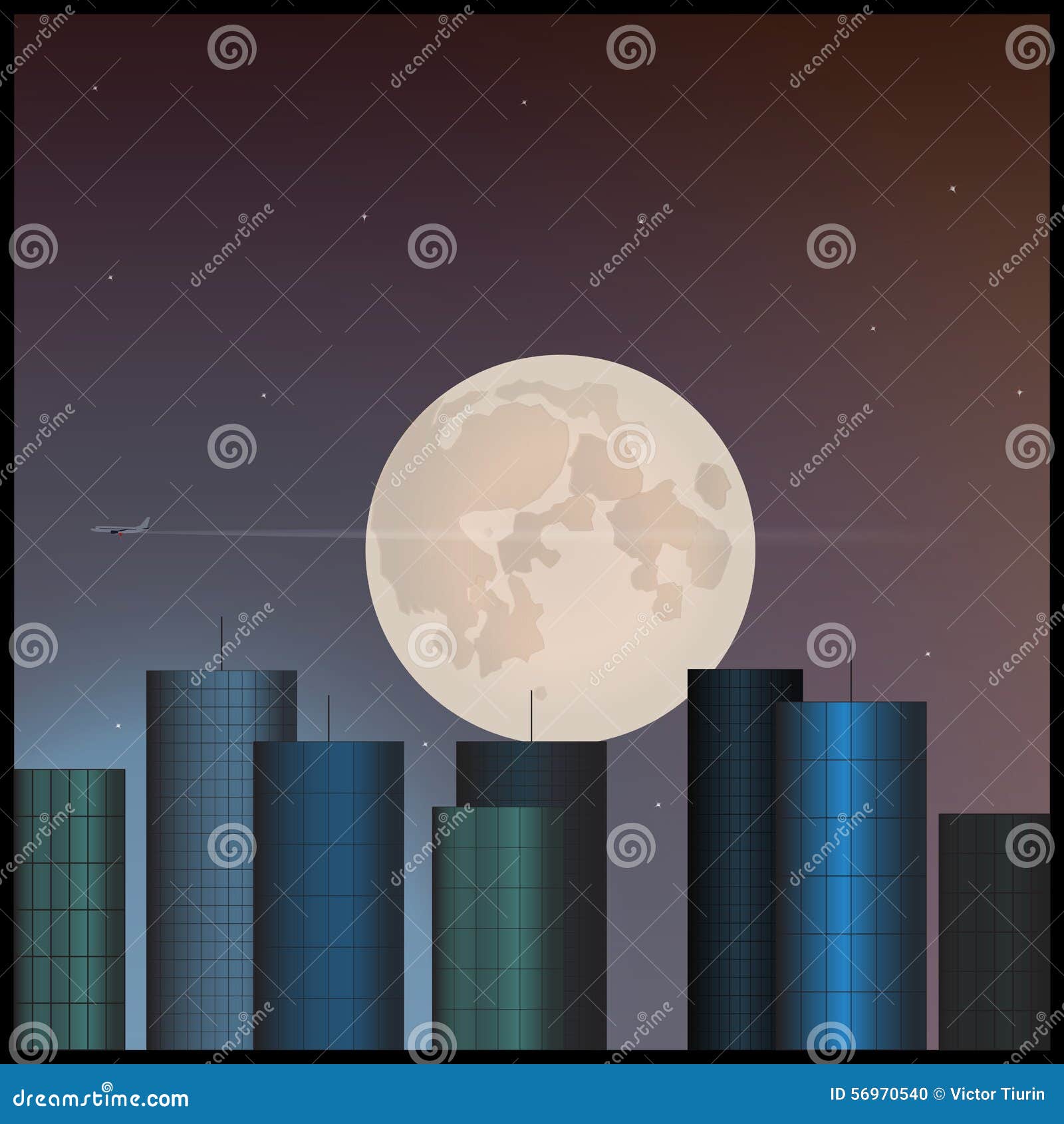 Buildings and the Moon in the Sky. Stock Vector - Illustration of tower ...