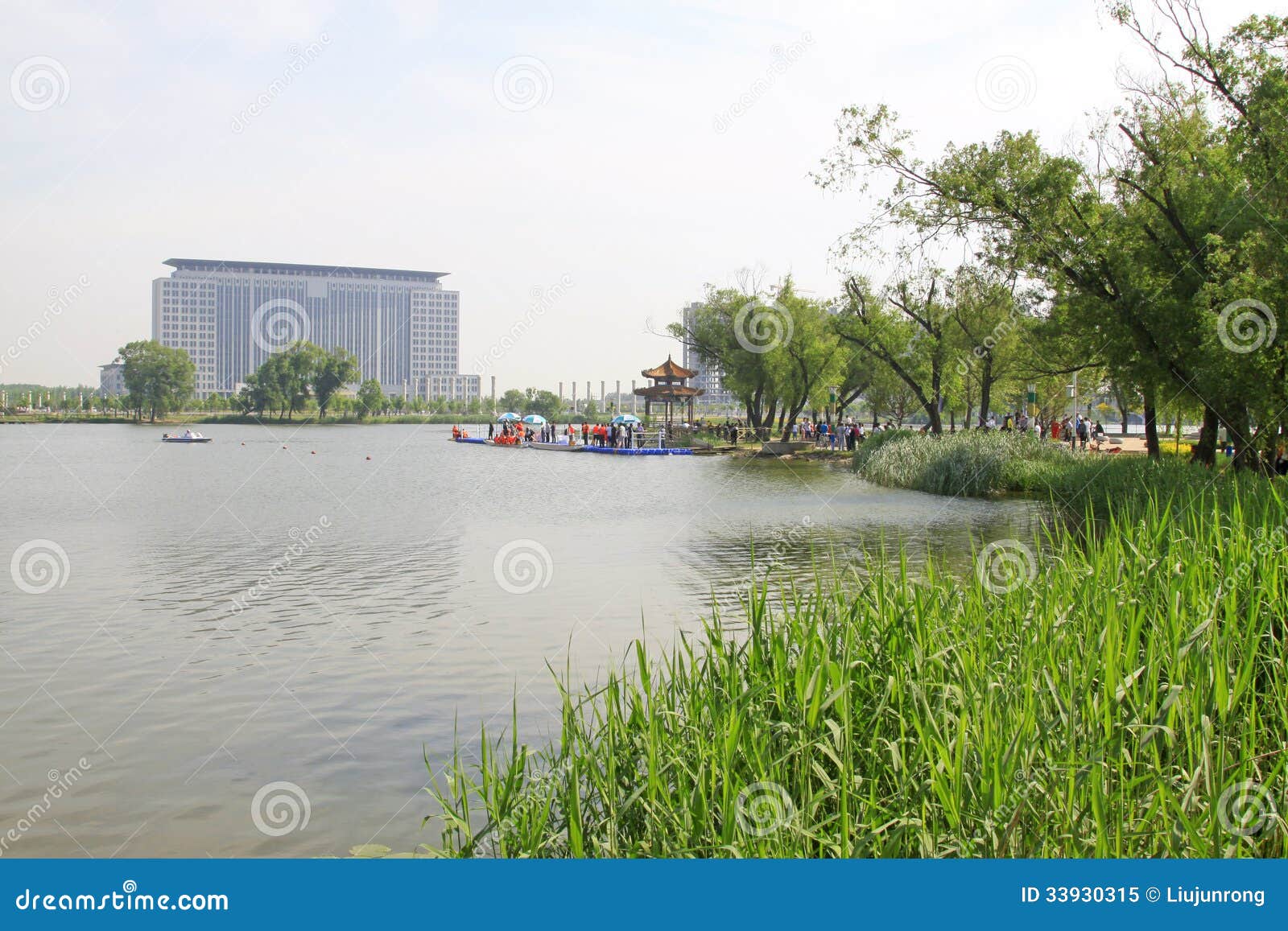 Buildings and River Shore in a Park Stock Image - Image of water, grass ...