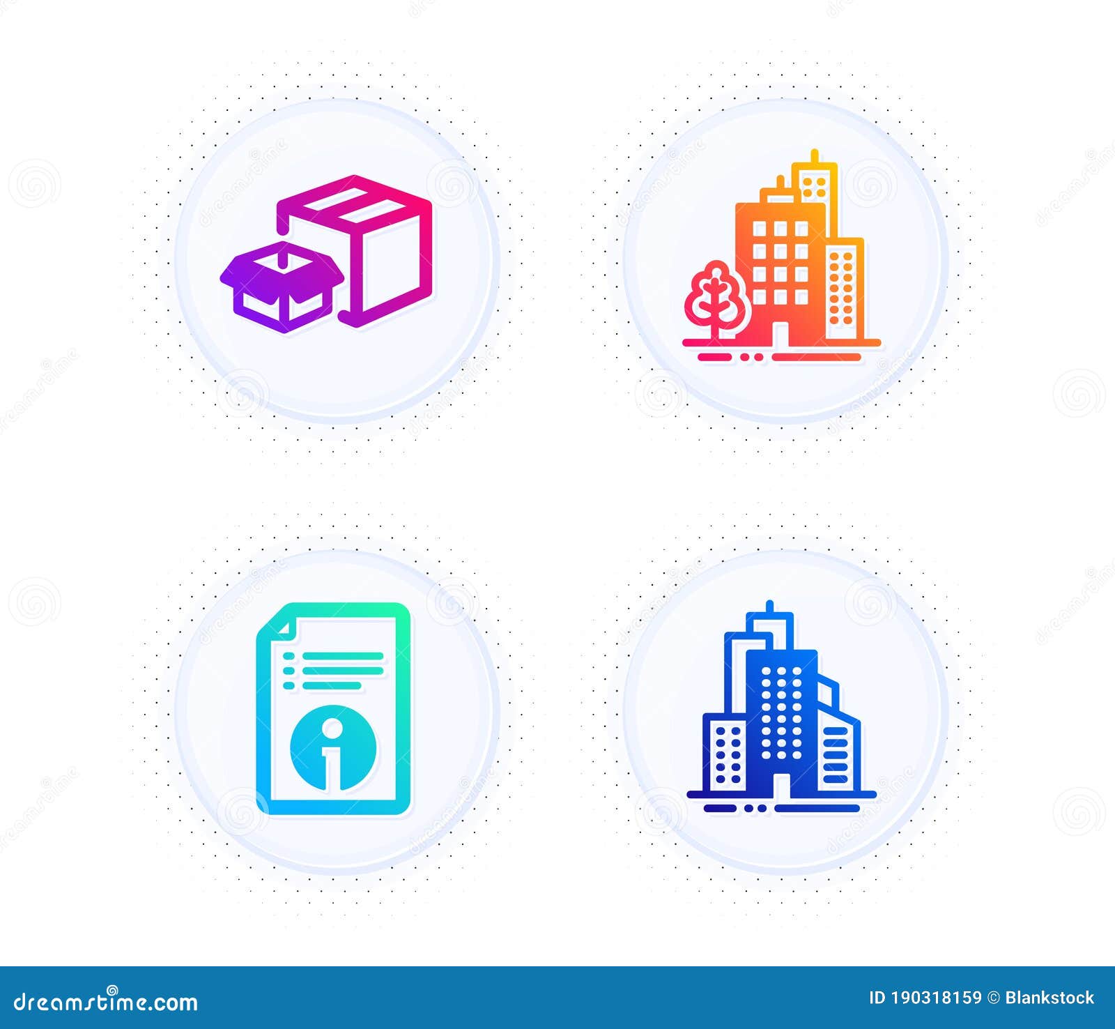 Buildings, Technical Info and Packing Boxes Icons Set. Skyscraper ...