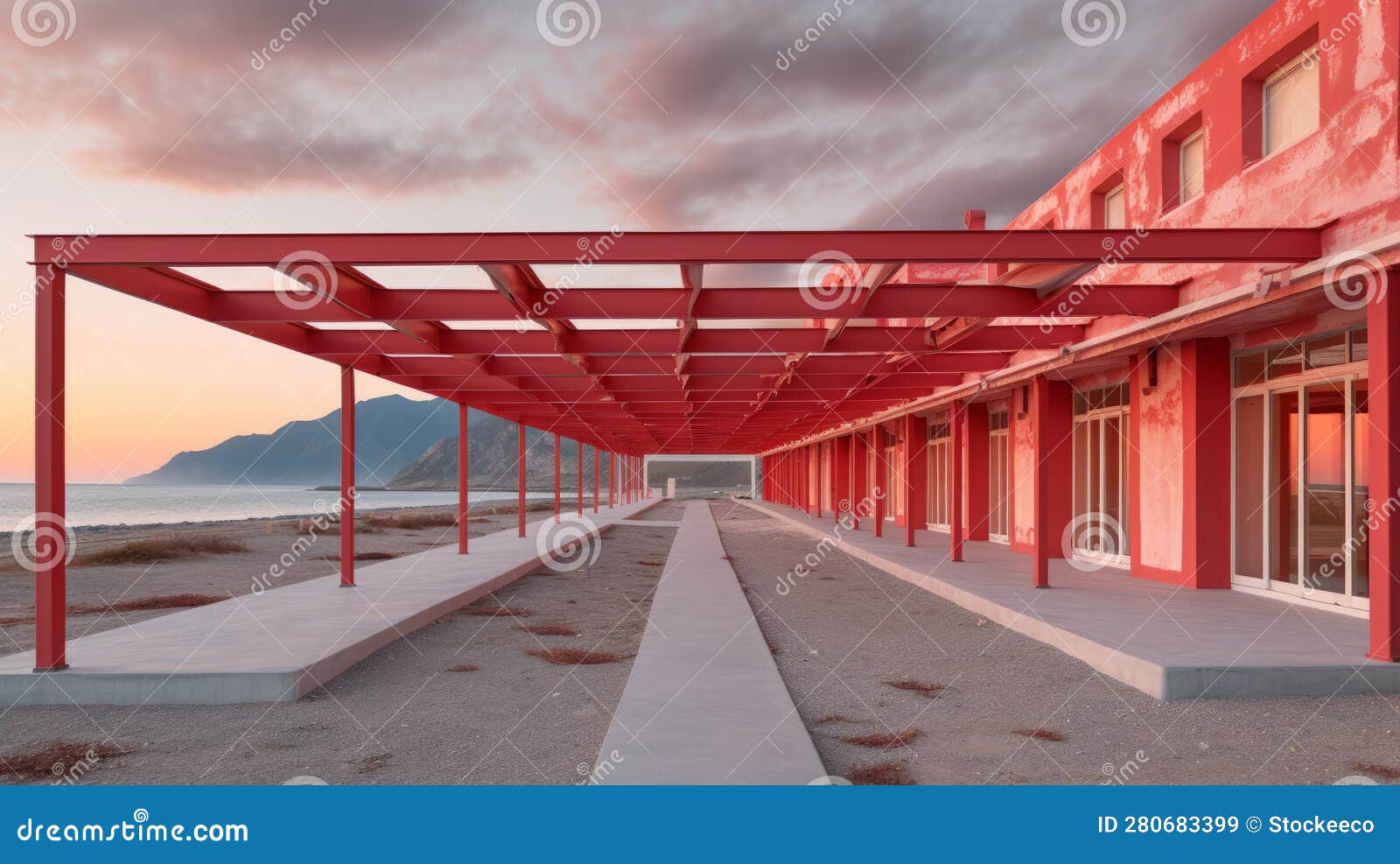 Red Walkway To Post-minimalist Building at Sunset Stock Illustration ...