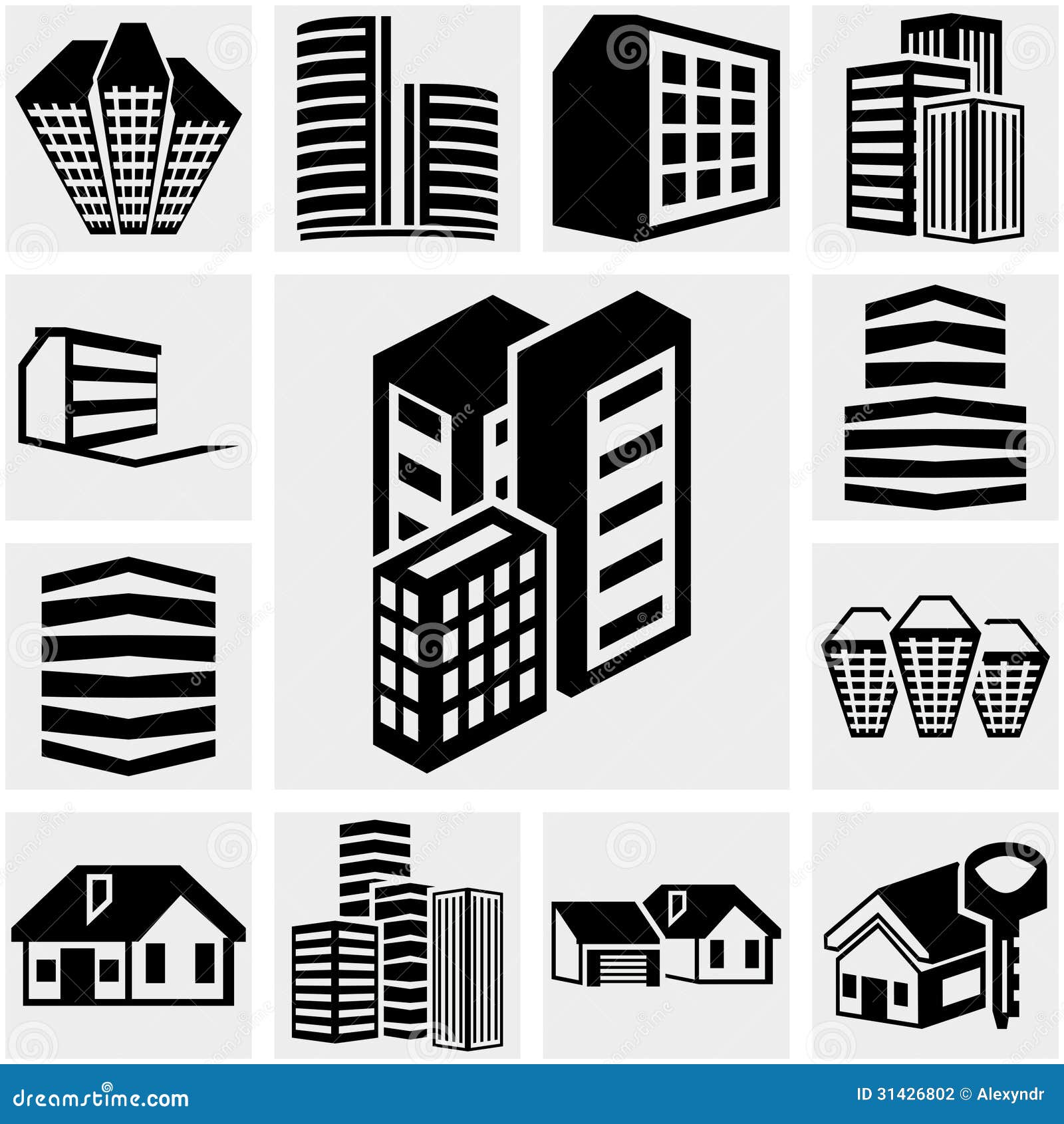 Buildings Vector Icon Set on Gray Stock Vector - Illustration of hotel ...