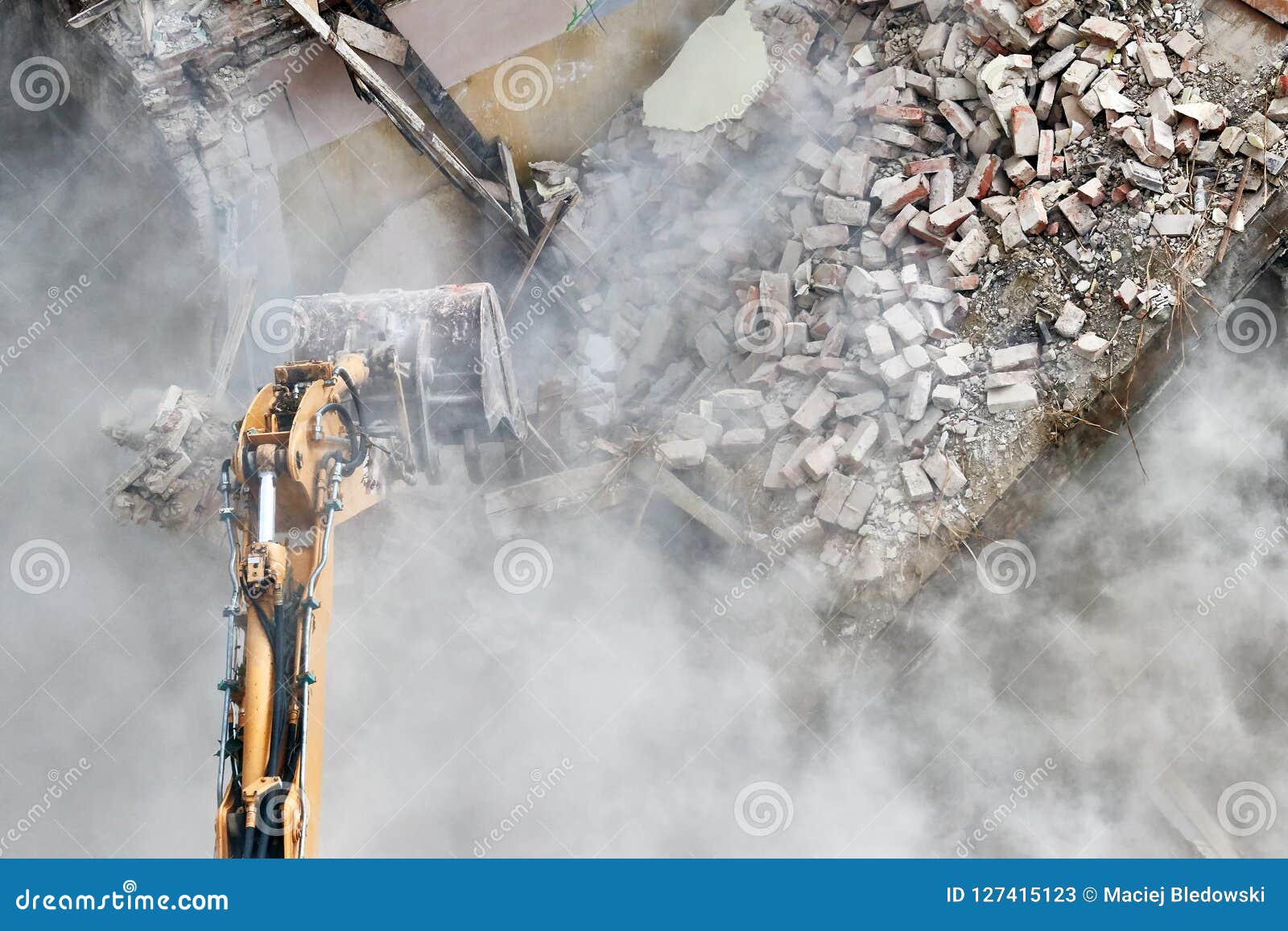 Builiding Demolition with an Excavator in Dust Cloud. Stock Image ...