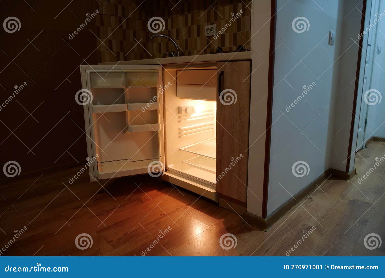 Mini Fridge with Open Door in the Kitchen Stock Image - Image of ...