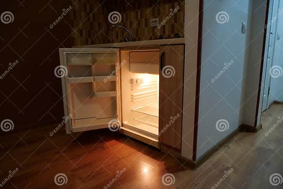 Mini Fridge with Open Door in the Kitchen Stock Image - Image of ...