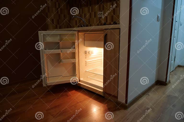 Mini Fridge with Open Door in the Kitchen Stock Image - Image of ...