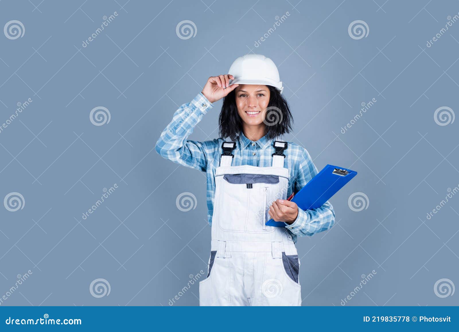 Built with Excellence. Carpenter Assistant Wear Protective Helmet. Girl ...