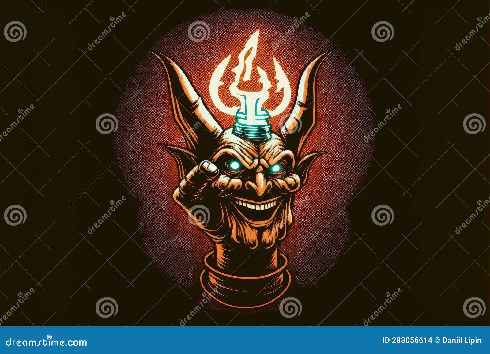 Bulb with Glowing Devil Horns Hand Gesture in Dark Backdrop Stock ...
