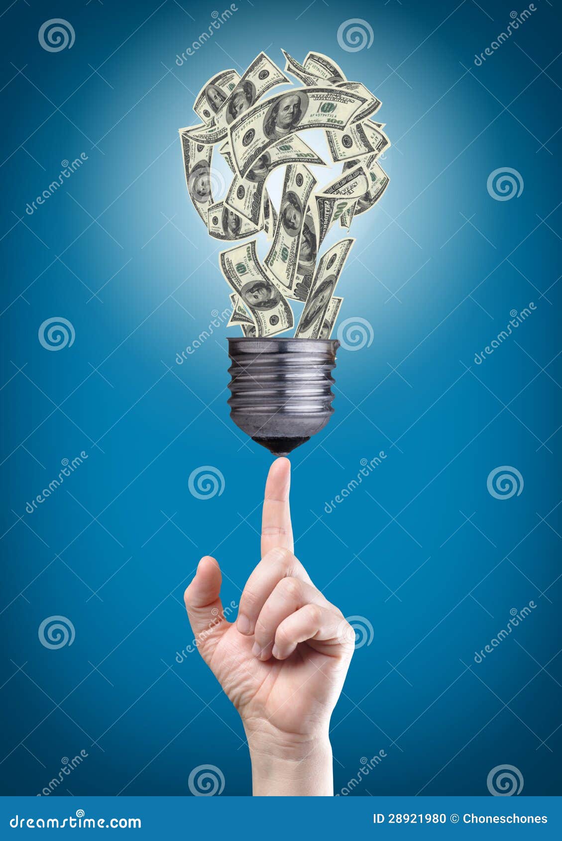 Bulb with Money on Tip of Finger Stock Photo - Image of electricity ...