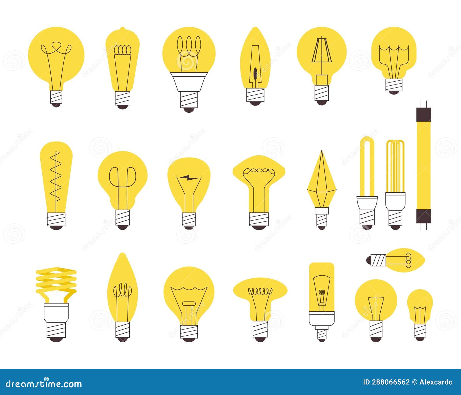 Bulbs Set. Lighting Yellow Electricity Bright Bulbs, Hand Drawn ...
