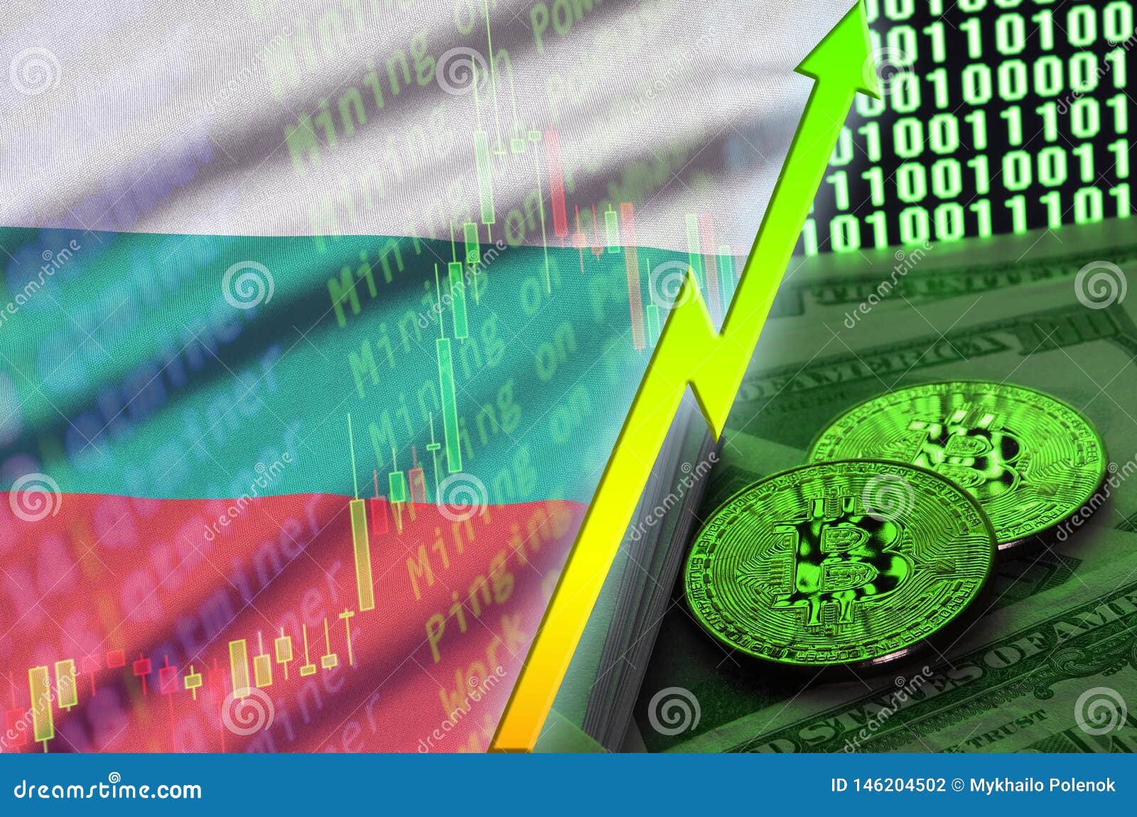 Bulgaria Flag and Cryptocurrency Growing Trend with Two Bitcoins on ...