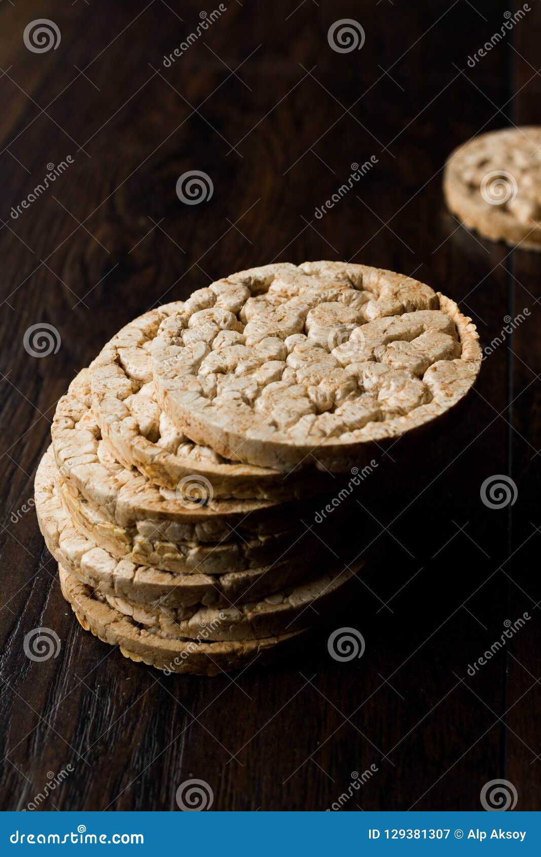 Bulgur Rice Cake Crackers Round Shaped on Dark Wooden Surface. Stock ...
