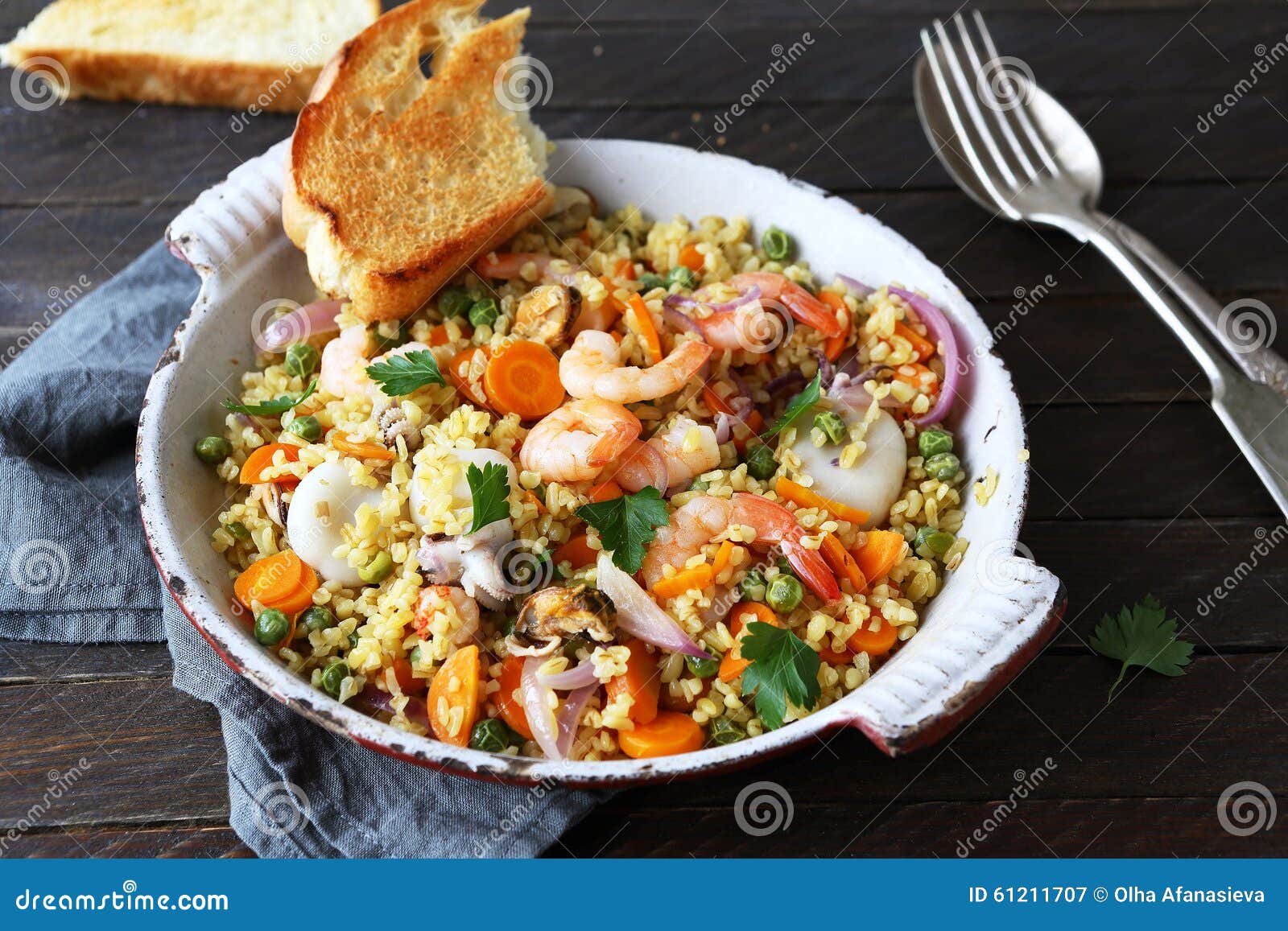 Bulgur with Roasted Seafood in Pan Stock Image - Image of healthy ...