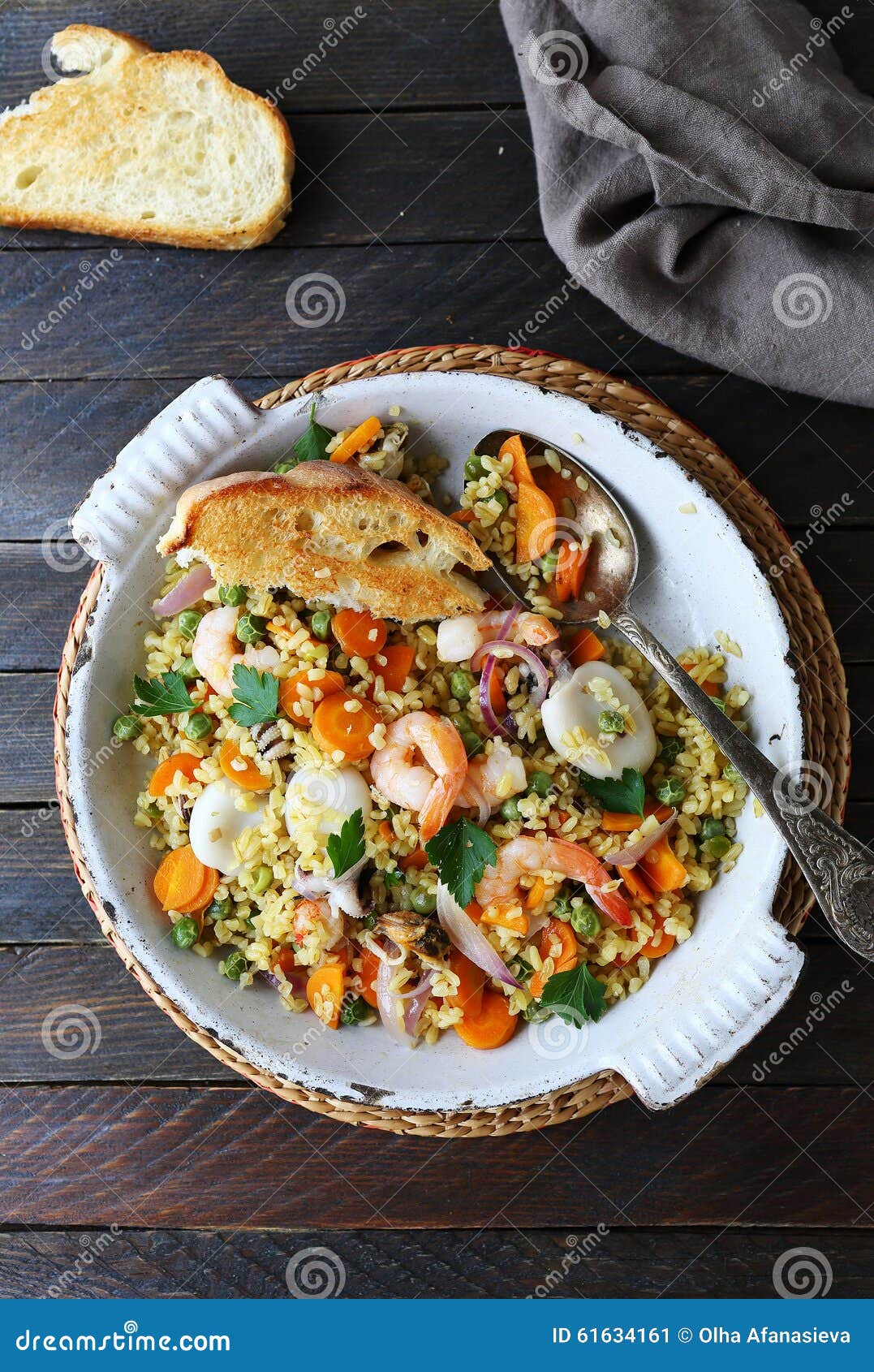 Bulgur with roasted shimps stock image. Image of spanish - 61634161