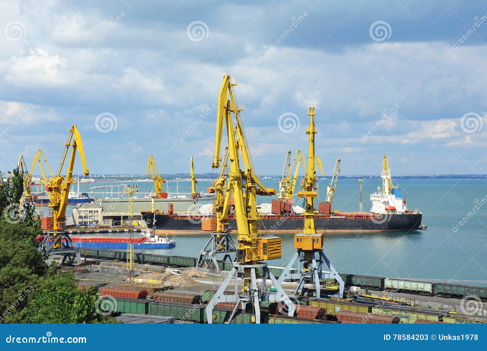 Bulk Cargo Ship and Train Under Port Crane Stock Image - Image of port ...