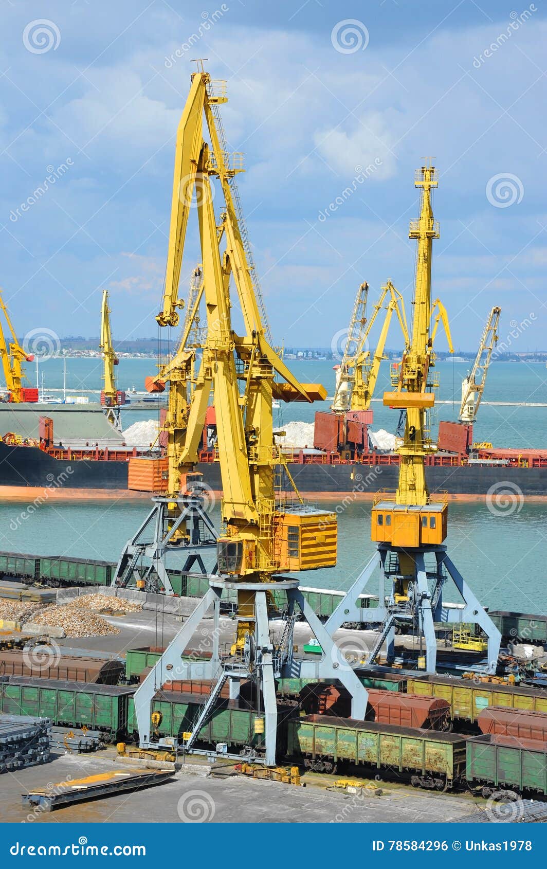 Bulk Cargo Ship and Train Under Port Crane Stock Photo - Image of ...