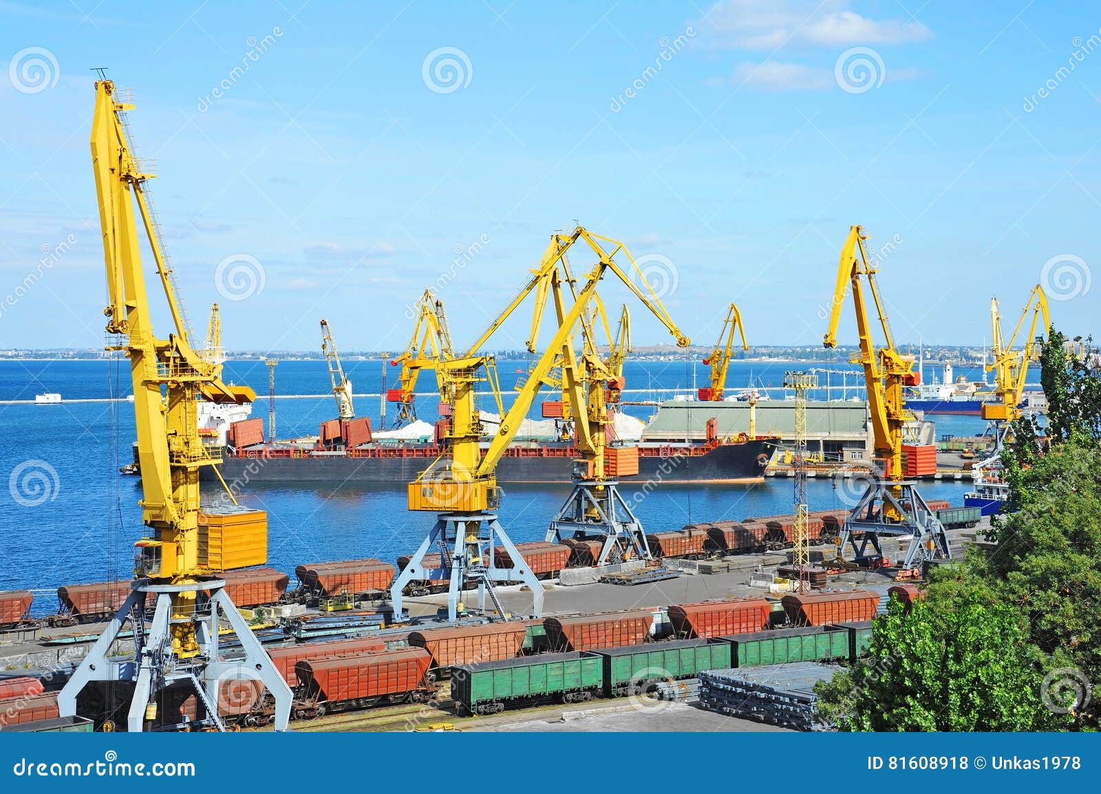 Bulk Cargo Ship and Train Under Port Crane Stock Photo - Image of ...