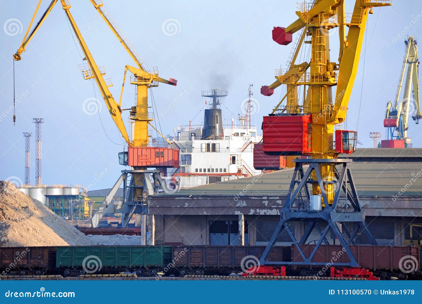 Bulk Cargo Ship and Train Under Port Crane Stock Photo - Image of quay ...