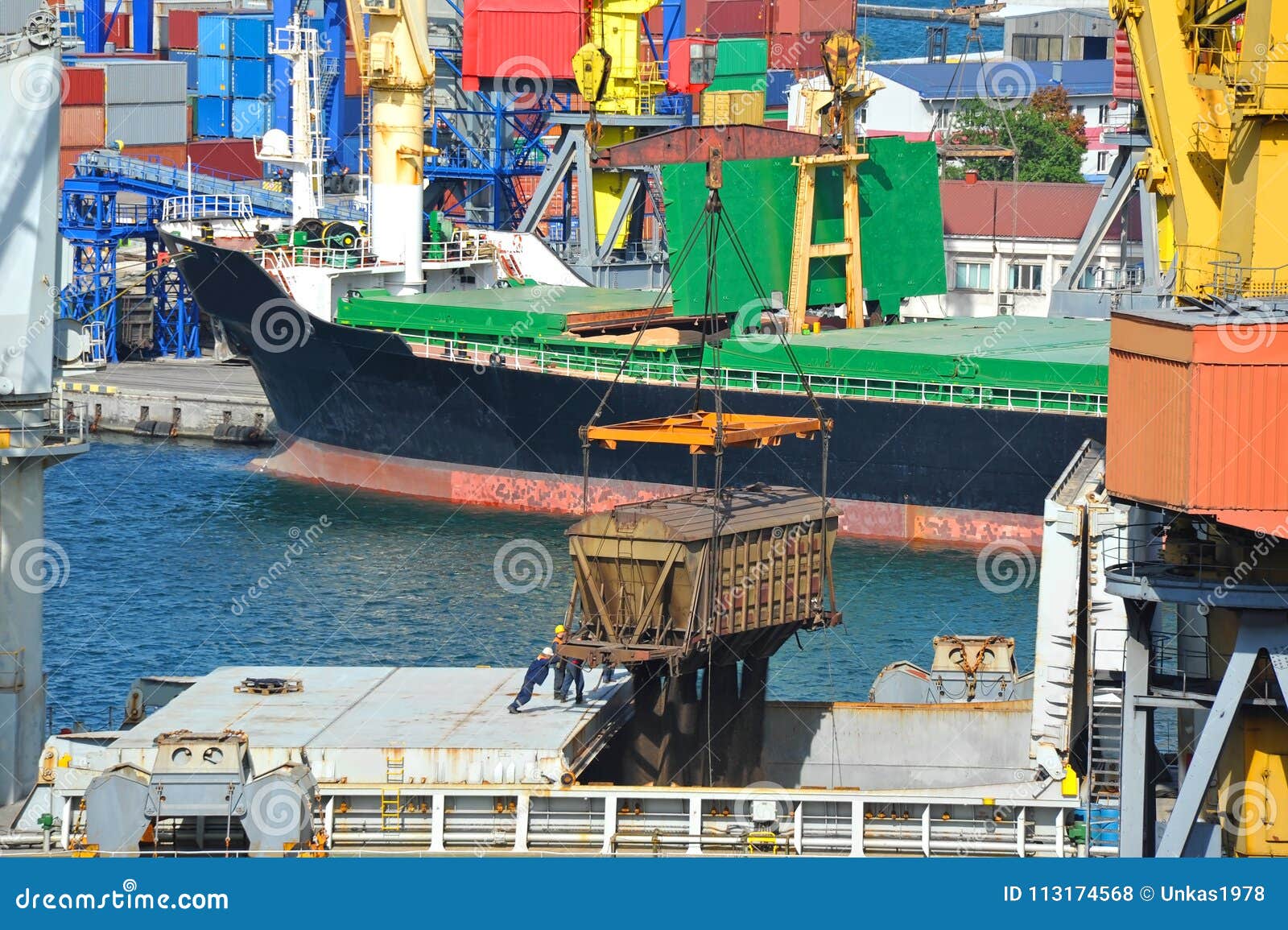 Bulk Cargo Ship and Train Under Port Crane Stock Photo - Image of ...