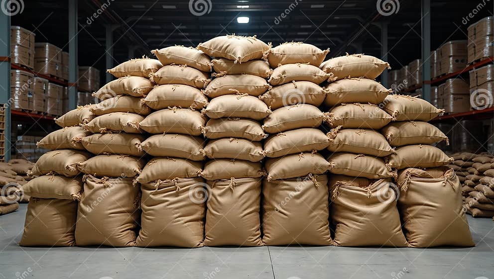 Bulk Storage Warehouse with Stacks of Grain Filled Burlap Sacks Stock ...